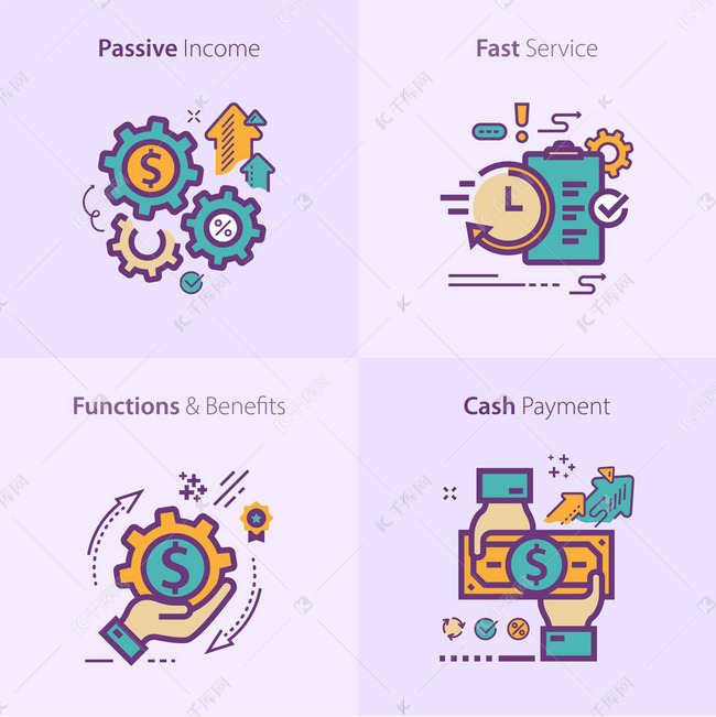 五颜六色的平面设计图标被动收入 / 快速服务 / 功能 + 福利 / 现金支付， 业务和金融平面图标矢量集.素材图片免费下载-千库网