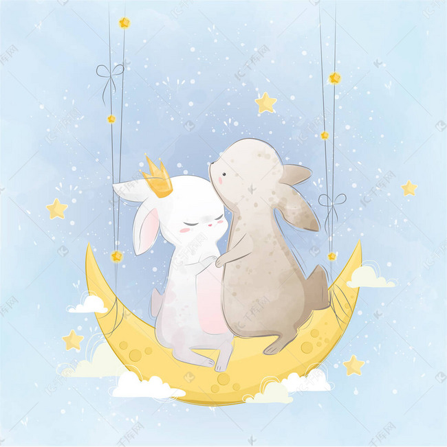 站在月球上的兔子夫妇的卡通矢量图素材图片免费下载-千库网