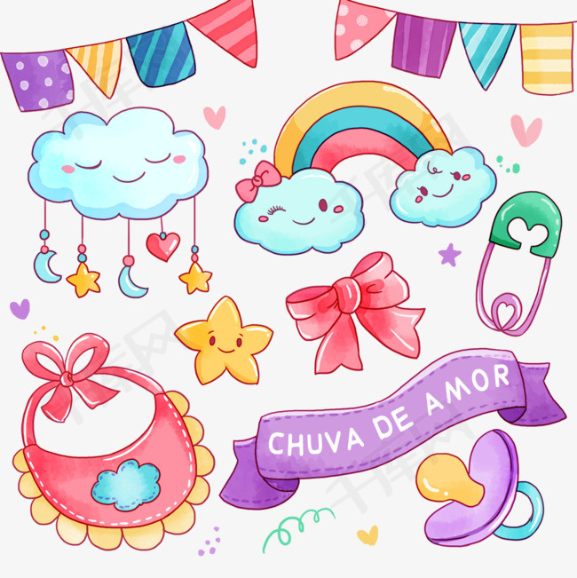 雨天彩虹云朵婴儿用品卡通水彩画素材图片免费下载-千库网