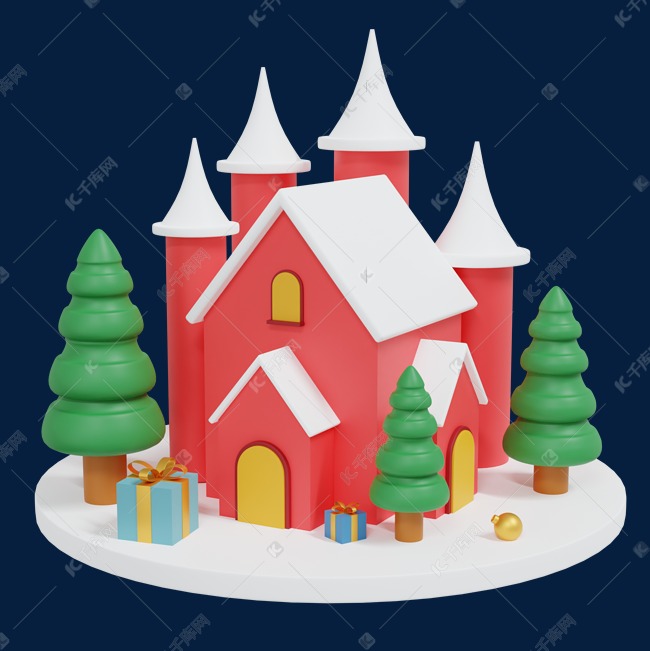3DC4D立体圣诞节圣诞树雪屋素材图片免费下载-千库网