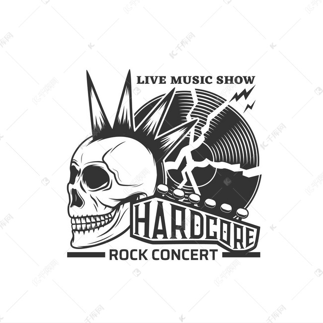 摇滚音乐会现场表演矢量图标与头骨和音乐吉他，铁杆舞台。素材图片免费下载-千库网