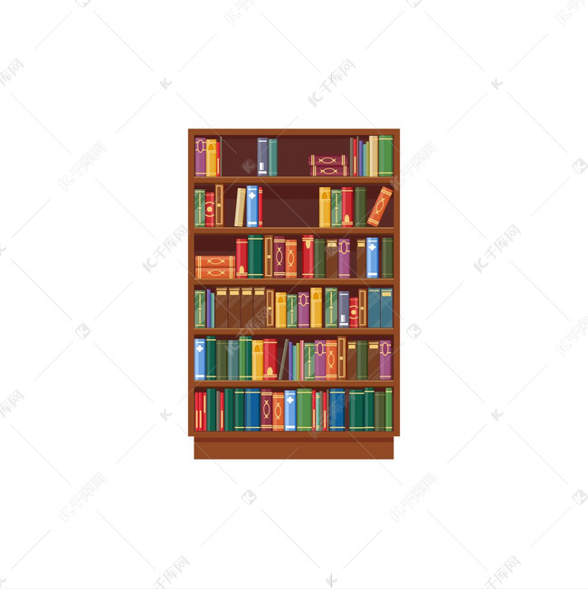 书柜矢量图标，卡通书架，图书馆有书，木制书店，书架上有彩色刺，白色背景隔离。素材图片免费下载-千库网