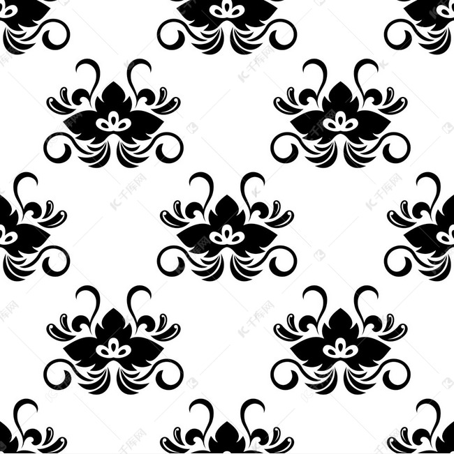 用于墙纸、瓷砖和织物设计的锦缎风格无缝黑色花卉蔓藤花纹图案素材图片免费下载-千库网