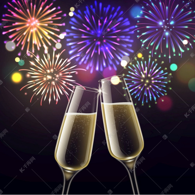 烟花和香槟酒杯。素材图片免费下载-千库网