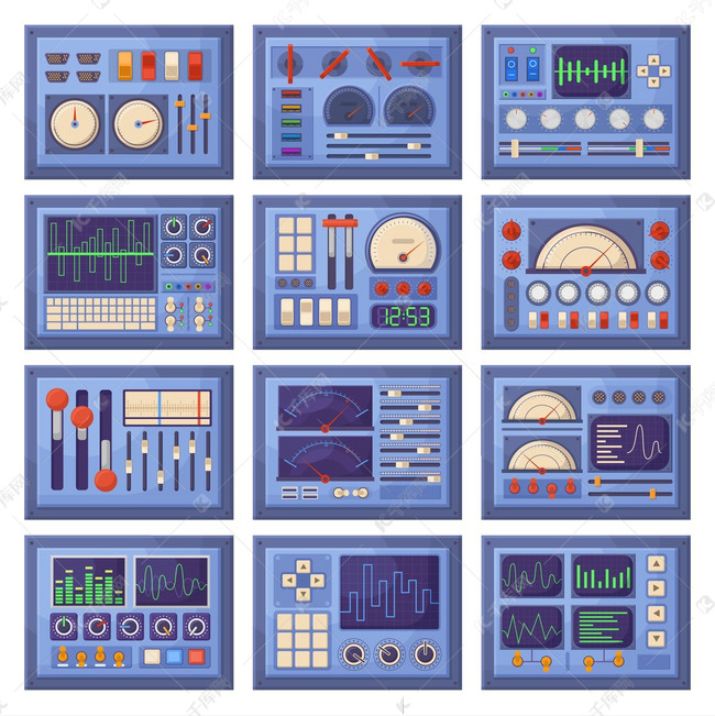 电气仪表板、带图表的控制面板、按钮和调谐器。素材图片免费下载-千库网