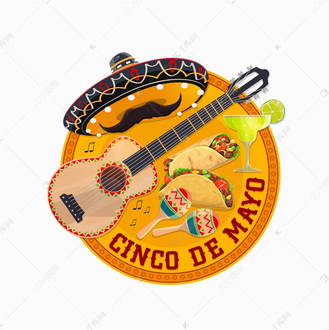 Cinco de Mayo 矢量圆形横幅，上面有传统的墨西哥宽边帽、胡须、吉他、卷饼和炸玉米饼。素材图片免费下载-千库网