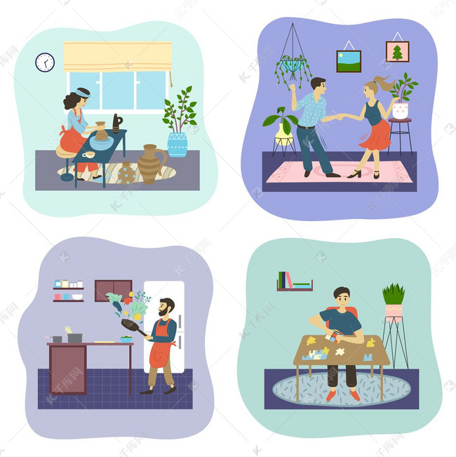 人们和他们的创造性艺术爱好集卡通人物做他们最喜欢的事情。素材图片免费下载-千库网