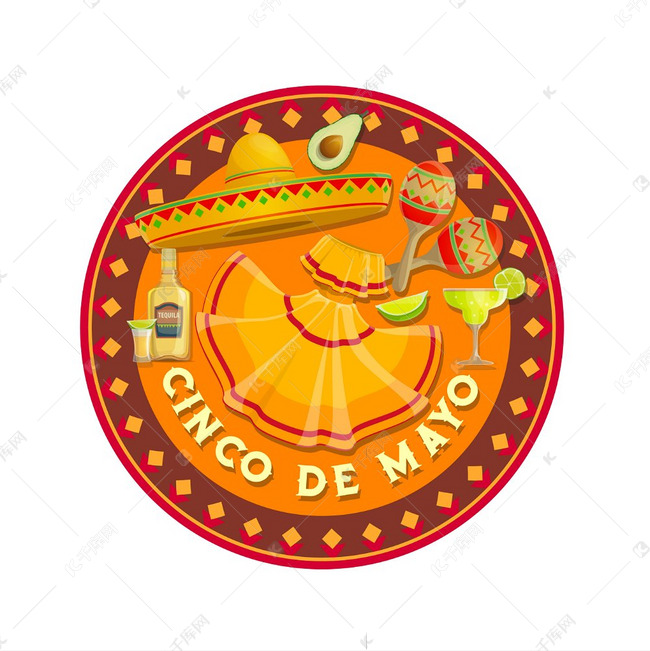 Cinco de Mayo 矢量图标，带宽边帽、女装和龙舌兰酒瓶，配有石灰和玻璃丸、马拉卡斯和鳄梨。素材图片免费下载-千库网
