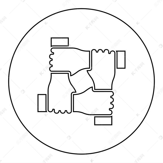 四只手一起概念团队合作联合团队领导手臂在手腕上相互联锁共同协作图标在圆形黑色矢量插图图像轮廓轮廓线薄风格简单。素材图片免费下载-千库网