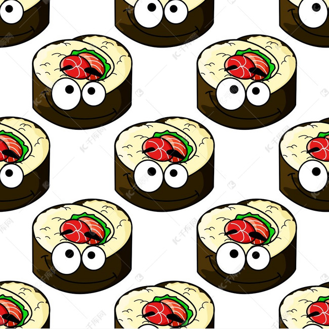 带有虾、生鱼和海藻的美食寿司无缝背景图案，带有方形重复图案。素材图片免费下载-千库网