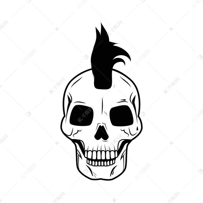 头骨大图像代表头盖骨与头发，穿着朋克发型，详细图片表示在矢量图上隔离在白色。素材图片免费下载-千库网