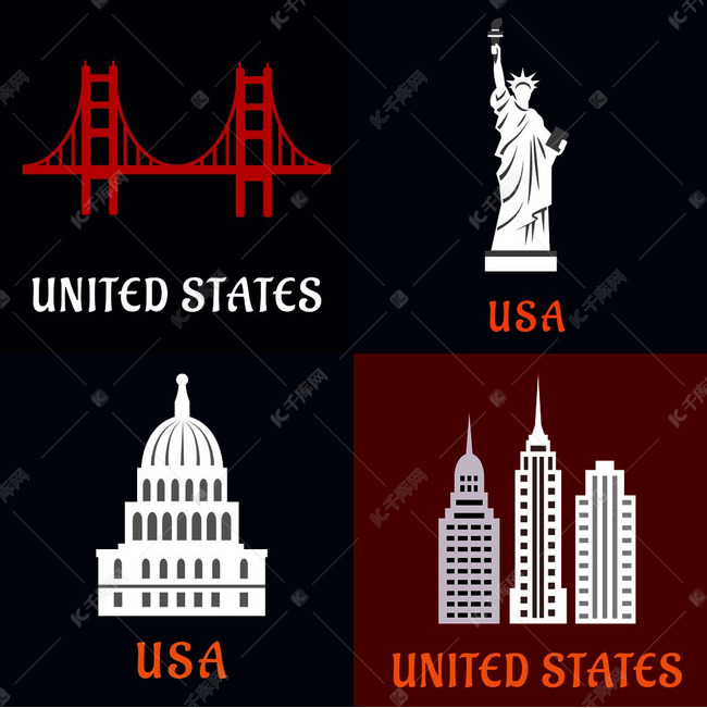 美国地标平面图标与自由女神像、金门大桥、摩天大楼和政府国会大厦。素材图片免费下载-千库网