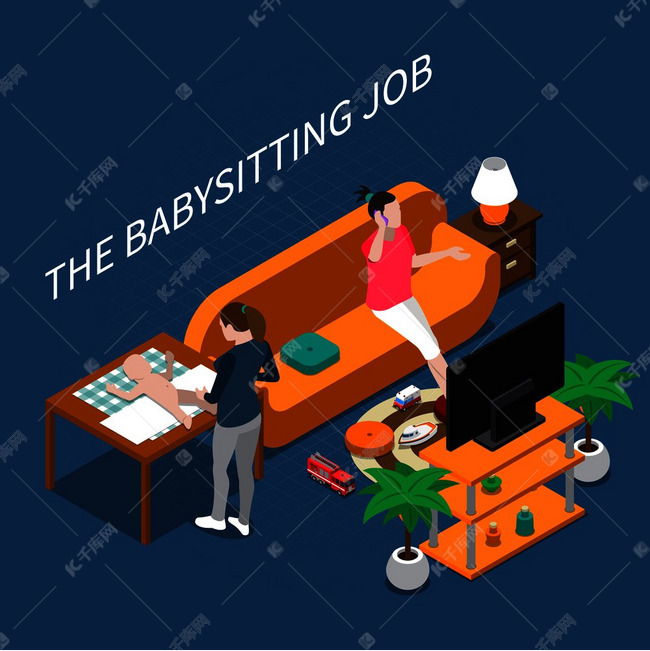 保姆换尿布和母亲谈论电话等距组合 3d 矢量图素材图片免费下载-千库网