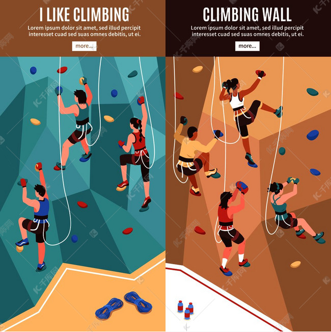 等距攀岩墙横幅设置阅读更多按钮文本和人造岩墙矢量插图视图。素材图片免费下载-千库网