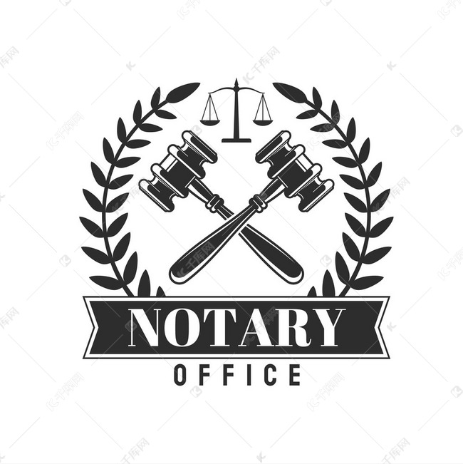 带有交叉法官木槌和月桂花环的公证处图标。素材图片免费下载-千库网