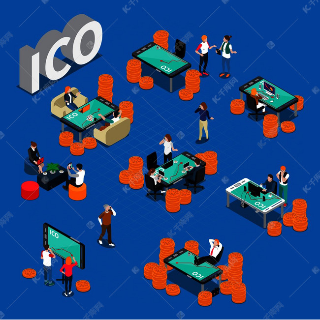 ICO 概念等距组合与 cryptocurrency 动态在移动设备屏幕上蓝色背景矢量图。 素材图片免费下载-千库网