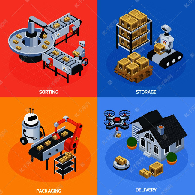 自动物流概念等距图标设置与交付符号隔离矢量图。素材图片免费下载-千库网