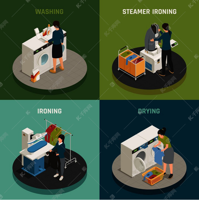 等距洗衣 2x2 设计概念与人们洗涤熨烫和烘干衣服 3d 隔离矢量插图。素材图片免费下载-千库网