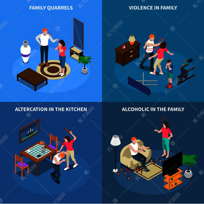 家庭问题等距设计概念与冲突、暴力、厨房争吵、酗酒孤立矢量图解。素材图片免费下载-千库网