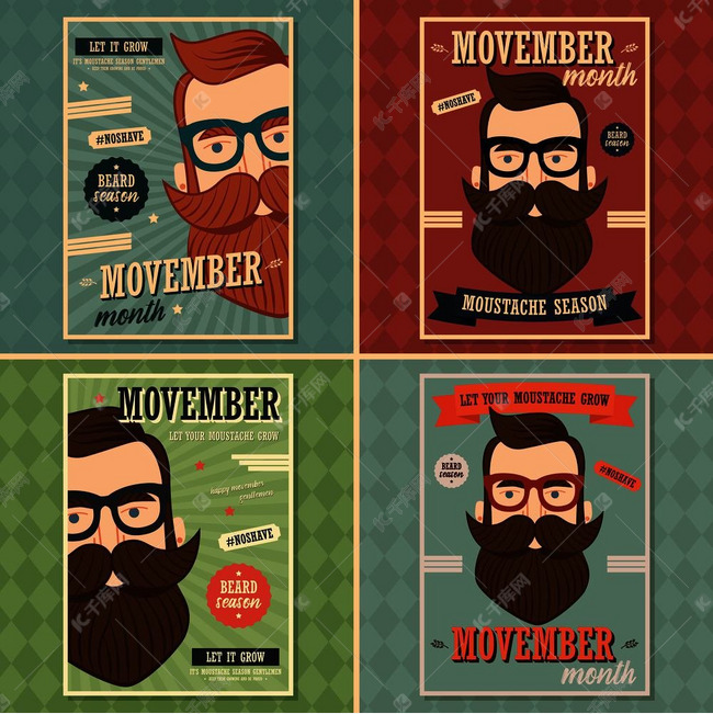 Movember 海报设计，前列腺癌意识，留着胡子和小胡子的时髦男人，矢量图素材图片免费下载-千库网