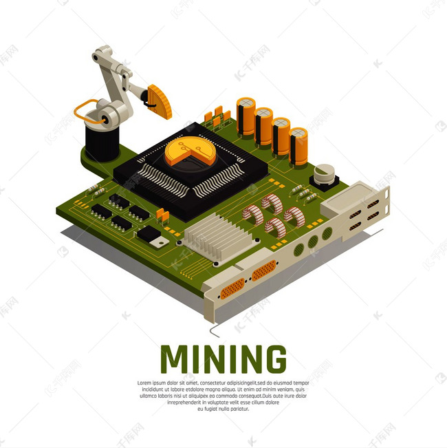 Blockchain cryptocurrency 等距组合概念与图形处理器单元板和机器人机械手加载金币矢量图。 素材图片免费下载-千库网