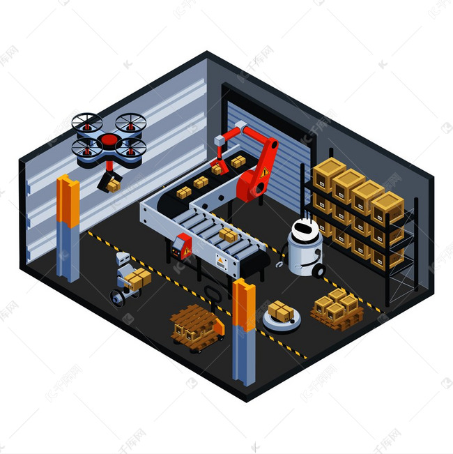 自动物流配送设施等距组合与无人机传送带和机器人手臂分拣包裹矢量图。素材图片免费下载-千库网