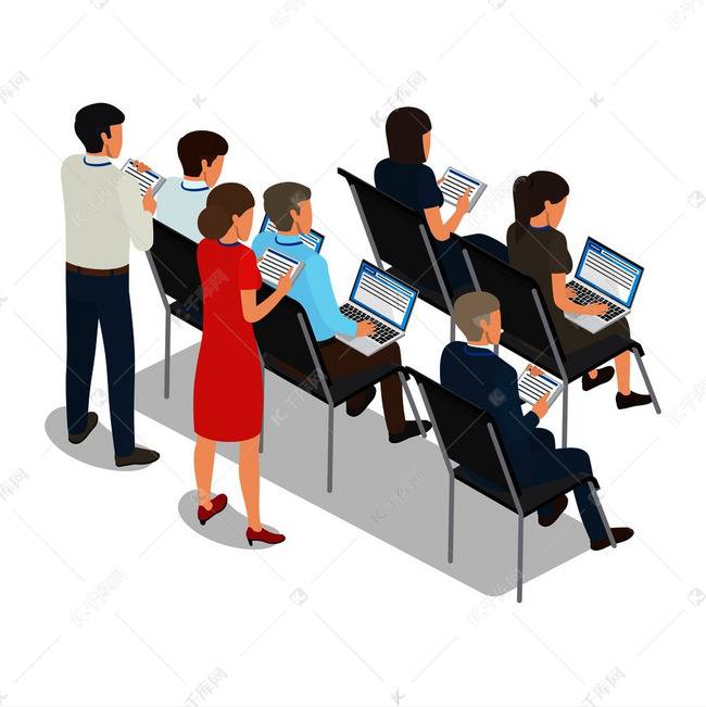 一群人用笔记本电脑和平面表在矢量图中进行商务指导。素材图片免费下载-千库网