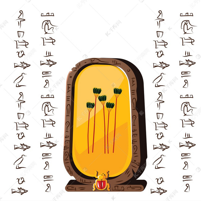 古埃及石板或粘土板卡通矢量与象形文字和埃及符号，高大的绿树，日期棕榈树林隔离在白色背景。素材图片免费下载-千库网