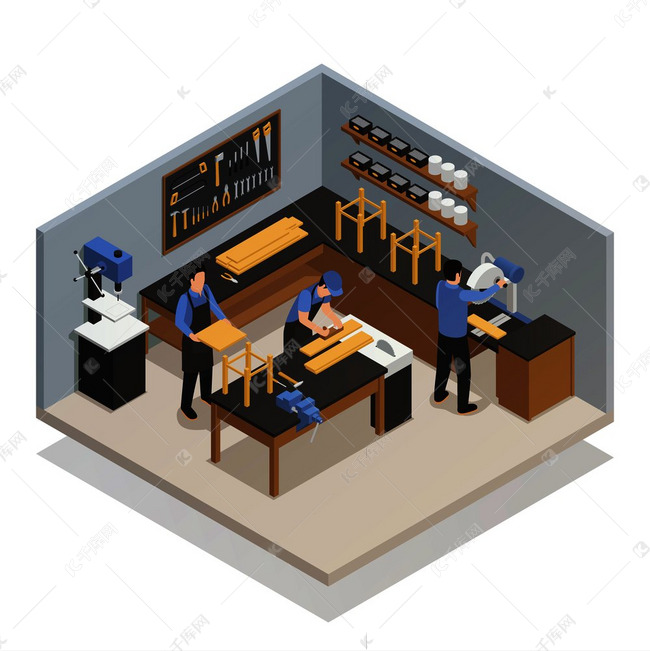 工匠们在工作室等距组合与工匠在工作场所从事木匠工作矢量插图。素材图片免费下载-千库网