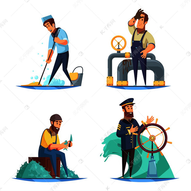 卡通航海 2x2 设计理念与船长和水手隔离在白色背景矢量图上。素材图片免费下载-千库网