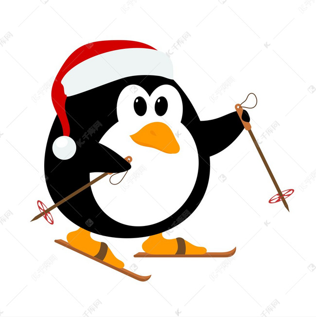 可爱的小企鹅戴着圣诞老人的帽子在滑雪板上的矢量插图。素材图片免费下载-千库网