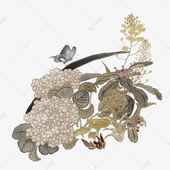 中国画水墨工笔温婉蝴蝶百花花鸟素色清新PNG素材图片免费下载-千库网