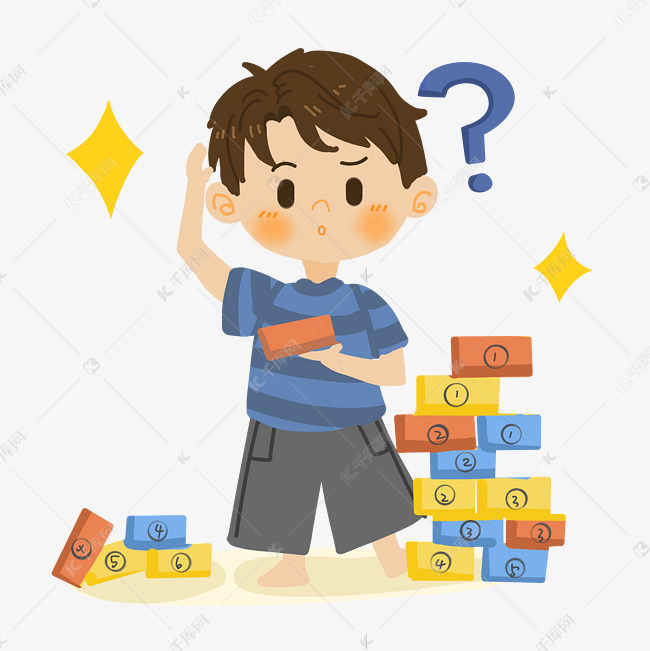 卡通男孩做积木遇到难题PNG素材图片免费下载-千库网