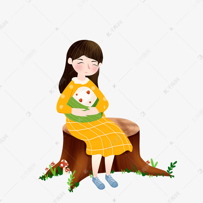 卡通女孩坐在木头上免抠图素材图片免费下载-千库网