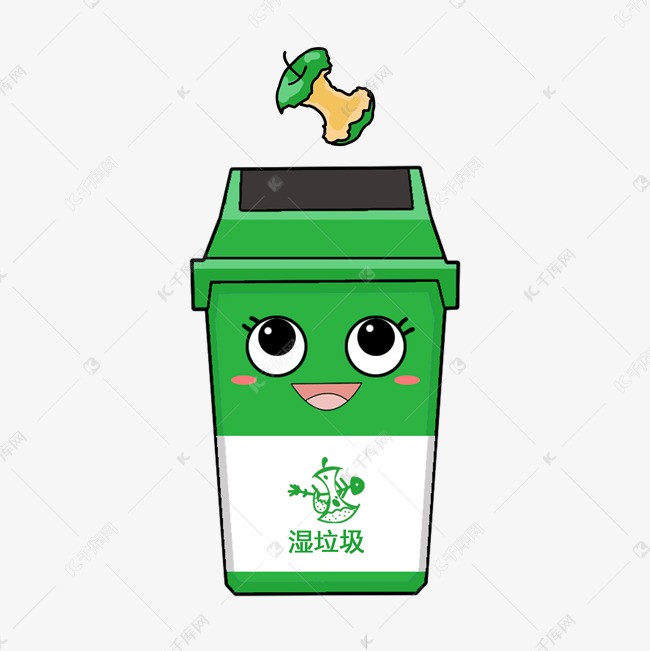 垃圾回收分类绿色卡通手绘拟人湿垃圾厨余垃圾垃圾桶素材图片免费下载-千库网