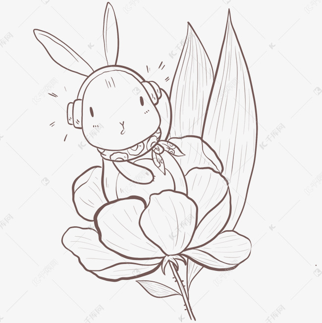 线条稿兔子花朵素材图片免费下载-千库网