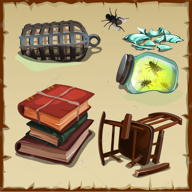 废弃的办公室或图书馆、 书、 苍蝇和其他元素集素材图片免费下载-千库网