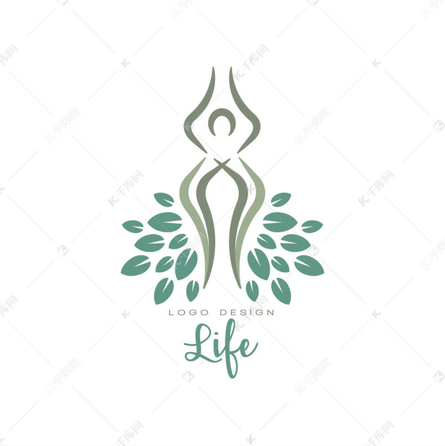 原始的标志与抽象人体和绿叶。健康和自然生活概念。Flatvector 标志为医疗中心或瑜伽工作室素材图片免费下载-千库网