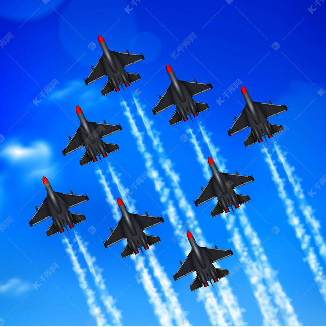 陆军空军阅兵喷气式飞机编队凝结轨迹反对蓝天逼真的海报矢量图。素材图片免费下载-千库网