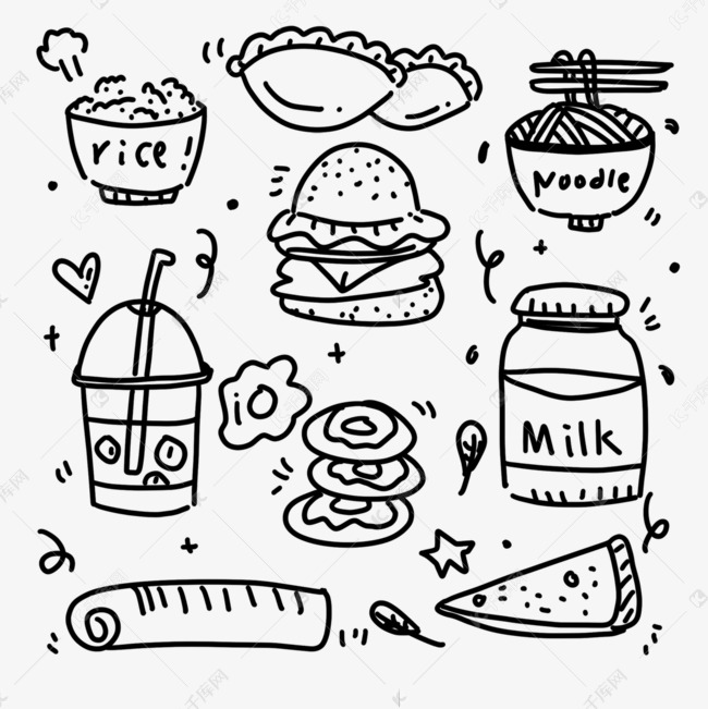 可爱卡通黑白画美食涂鸦素材图片免费下载-千库网