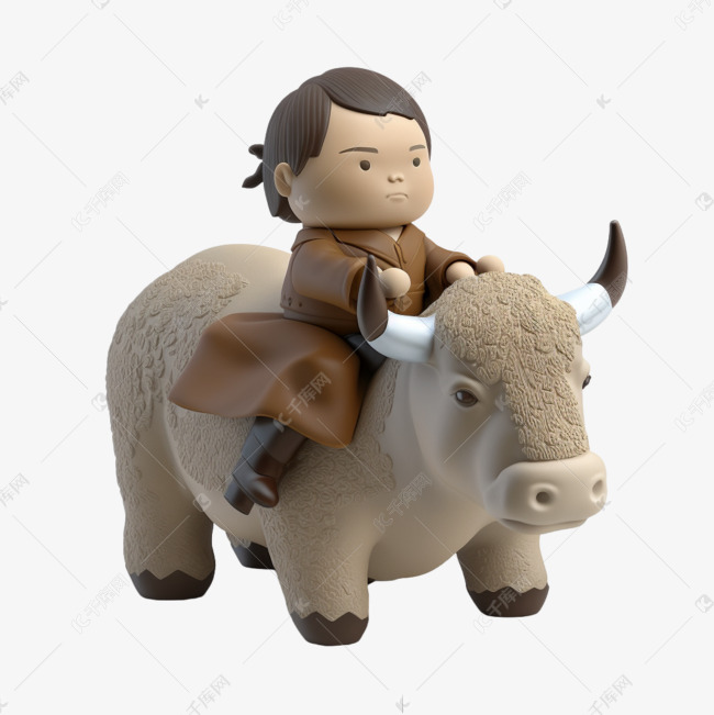 3D立体黏土质感牧童骑牛素材图片免费下载-千库网