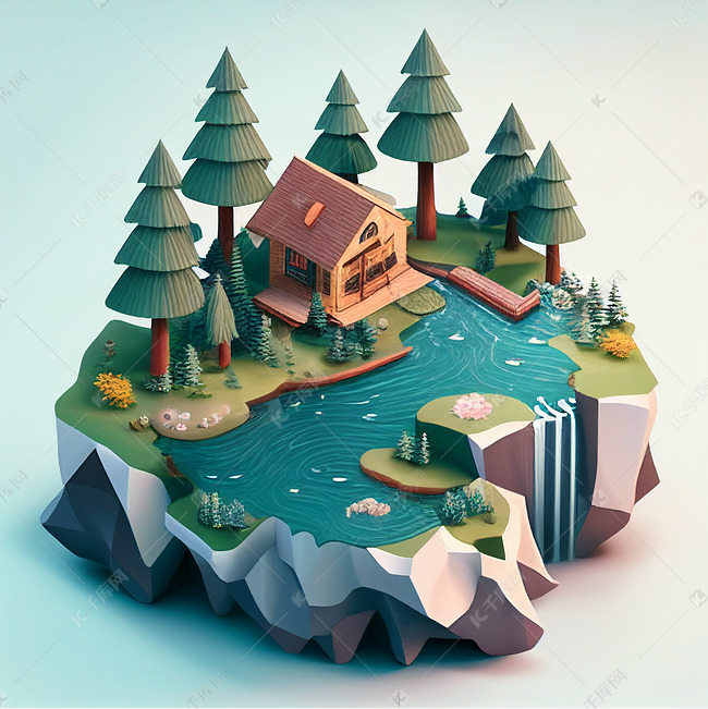 等轴艺术倾斜位移2.5D微景观山间小屋素材图片免费下载-千库网