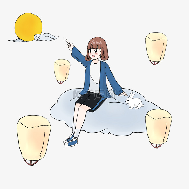 中秋节女生赏花灯素材图片免费下载-千库网