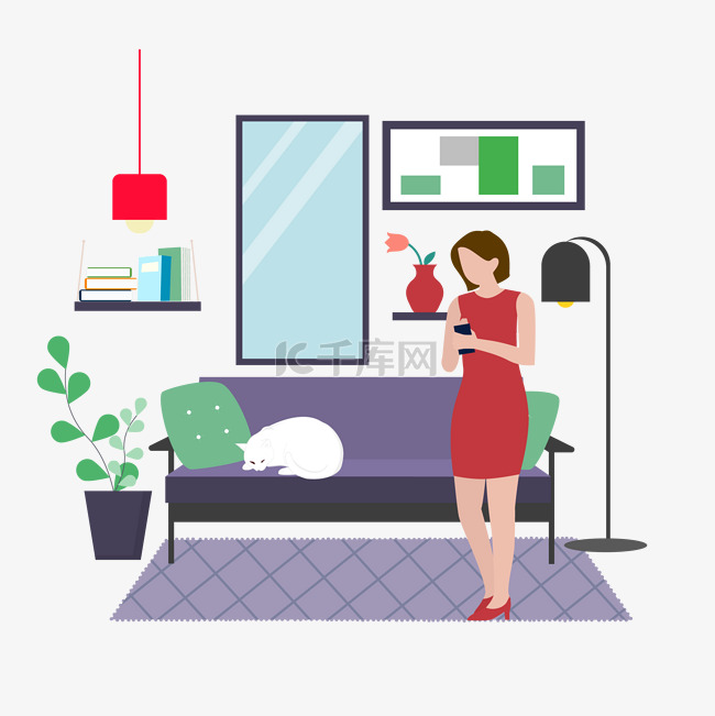 卡通插画风看手机的女人素材图片免费下载-千库网