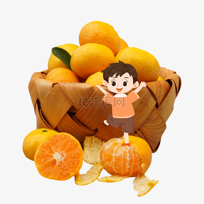 爬橘子篮的小男生水果合成素材图片免费下载-千库网