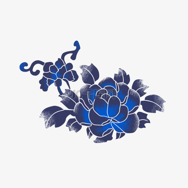 青花瓷双朵牡丹花素材图片免费下载-千库网