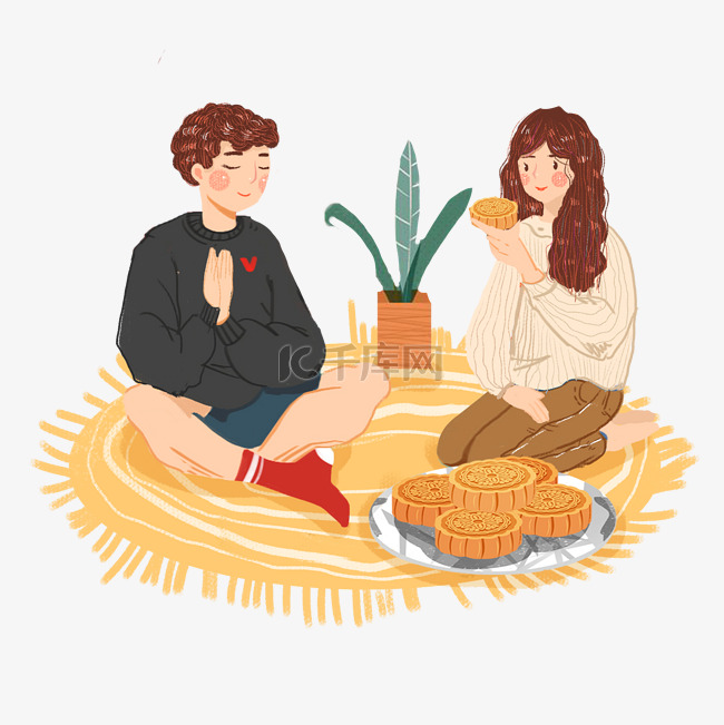 中秋情侣吃月饼png素材图片免费下载-千库网