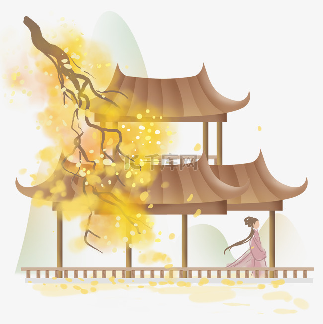 秋天房屋下的少女素材图片免费下载-千库网