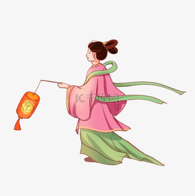 中国风古风国潮风女子手提灯笼描线素材图片免费下载-千库网