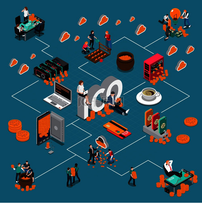Blockchain ico 等距流程图与虚拟账户、投资、银行卡、蓝色背景矢量图上的计算机设备。素材图片免费下载-千库网